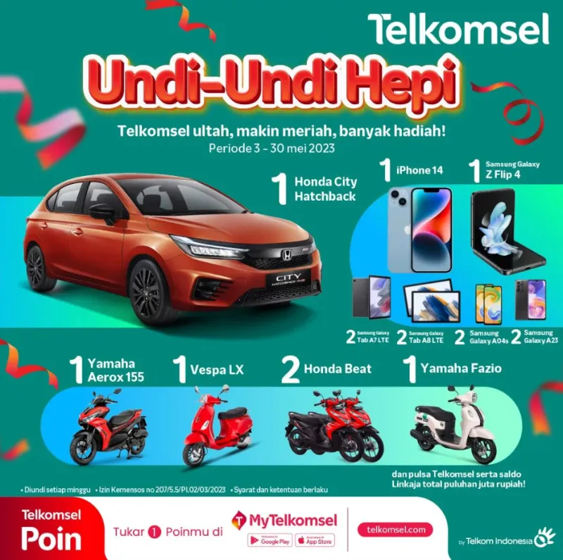 Ikuti Telkomsel Undi-Undi Hepi Mei 2023 dan Menangkan Mobil Honda City Hatchback, Motor Yamaha ...